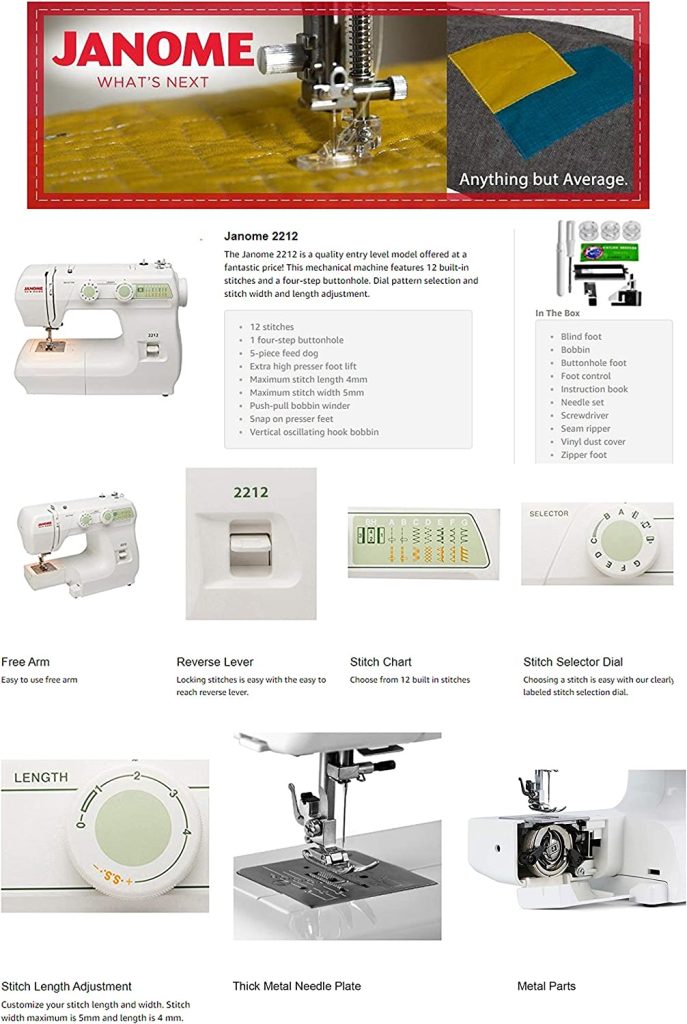 Meet the JANOME 2212: a 12-stitch free arm sewing machine